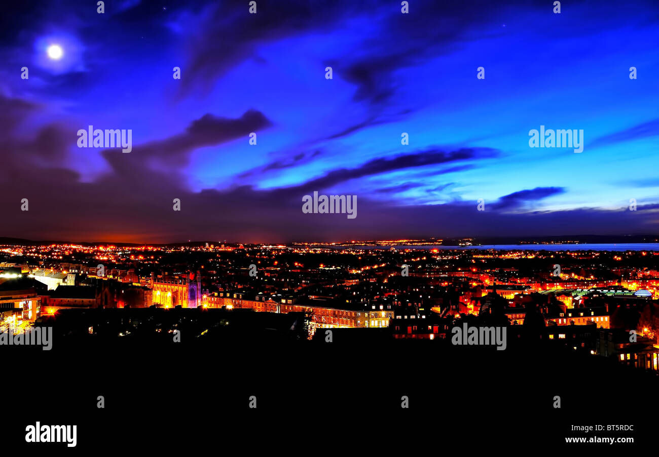View on Edinburgh city and harbor in night from national Monument ...