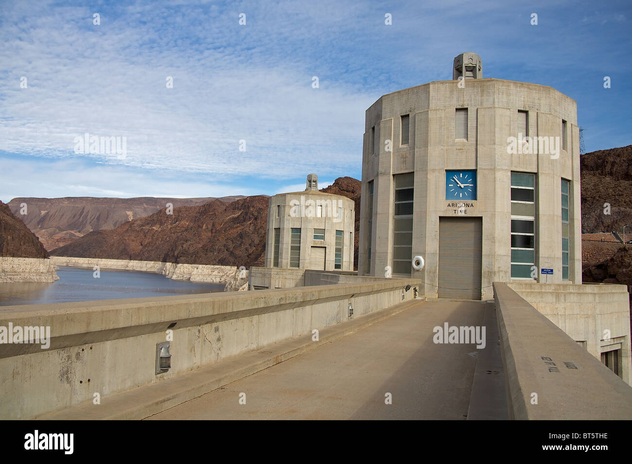 A walkway leads to one of the Hoover Dam's intake towers. Another tower ...