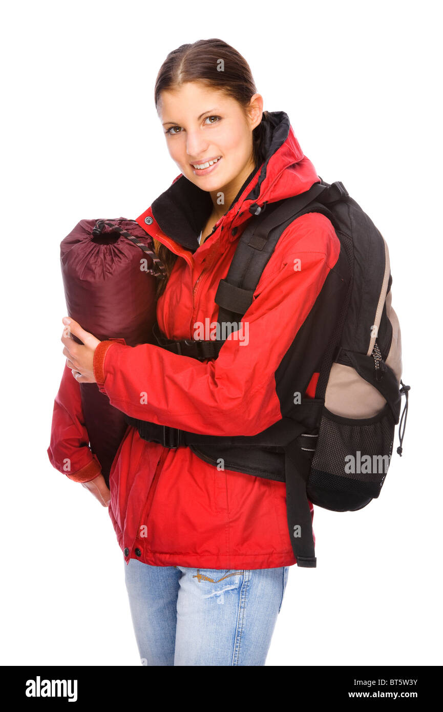 Full isolated studio picture from a young and happy backpacker Stock ...
