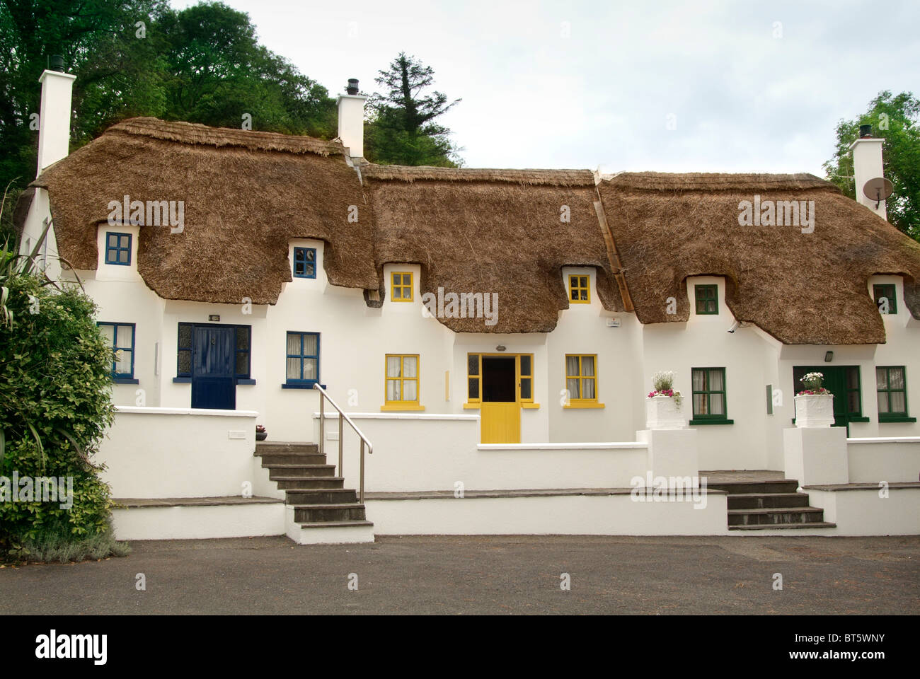 republic Ireland white terraced cottages thatched roof home house Stock ...