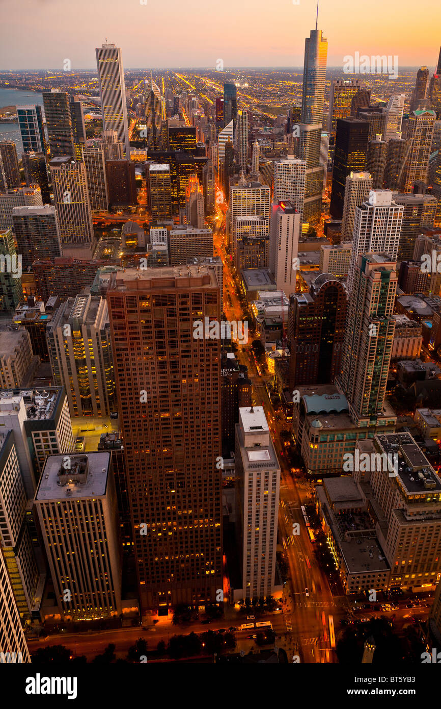 Sunset over the Chicago skyline looking south from the Hancock Tower ...