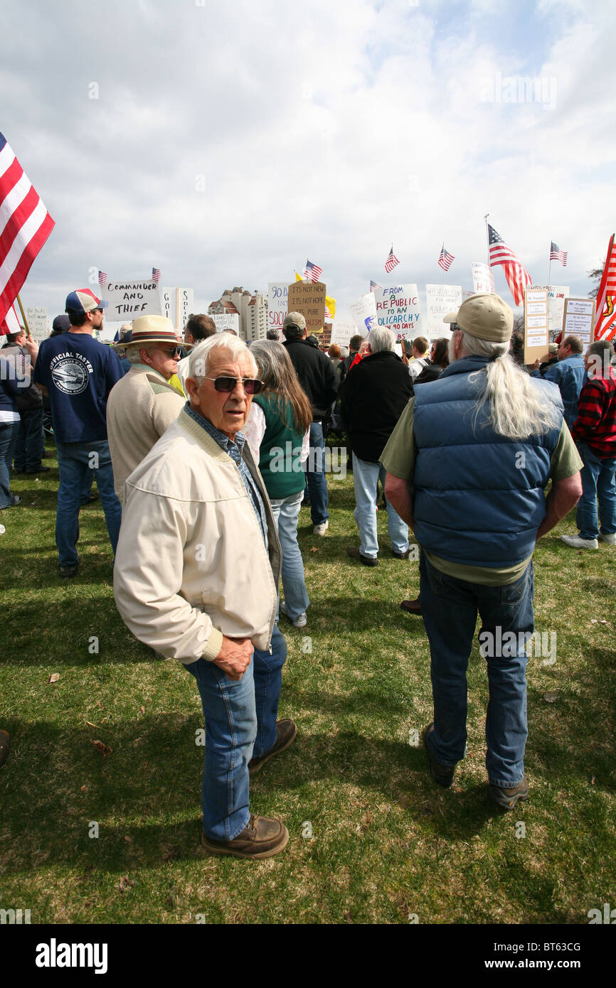 People holding signs and flags, TEA Party rally at Coeur D Alene, Idaho ...