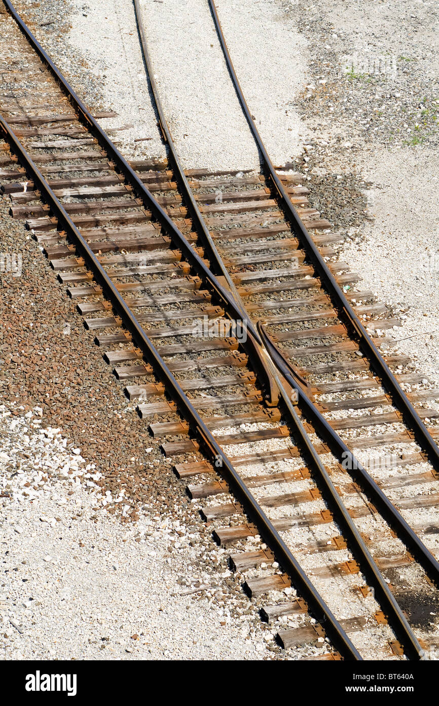 Railroad turnout switching tracks in a rail yard in West Virginia, USA ...