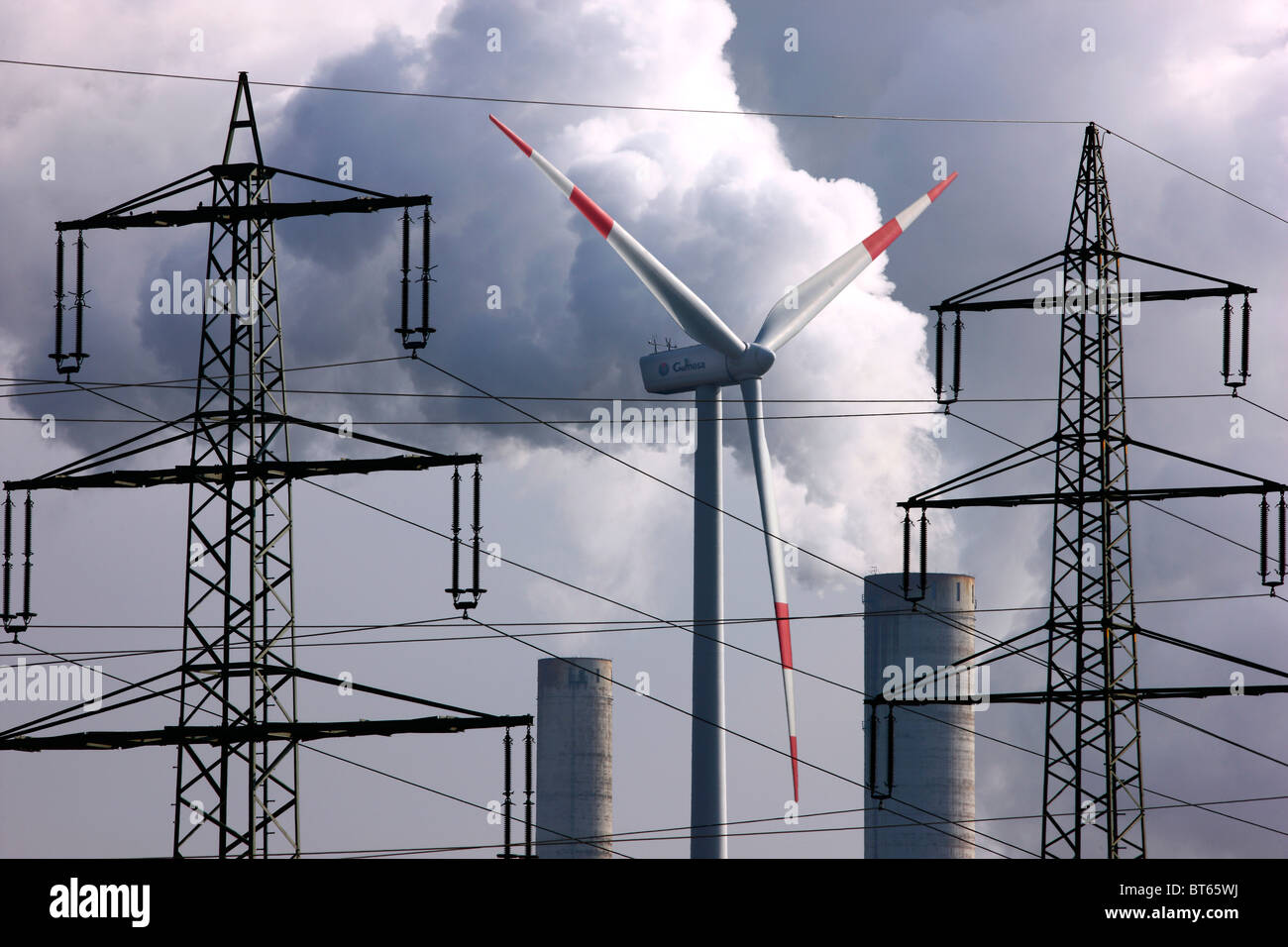 Wind power plant, power pole, chimney of a brown coal power plant, Titz ...