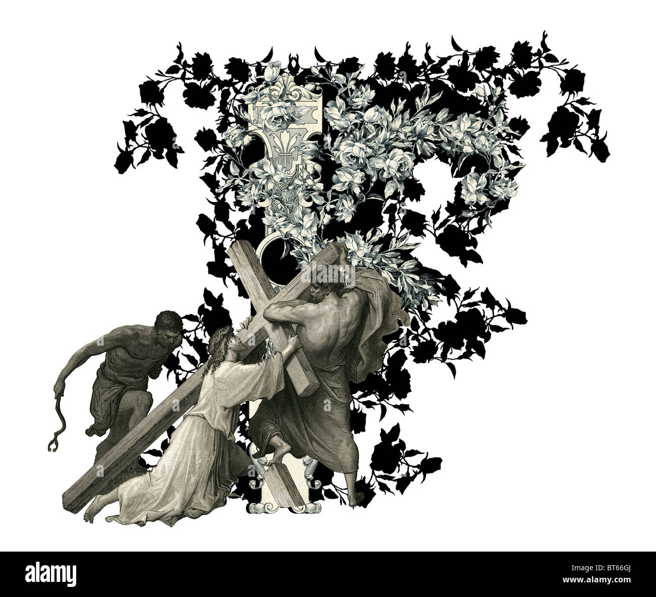 Illustrated capital letter F with Jesus Christ enfeebled by the weight ...