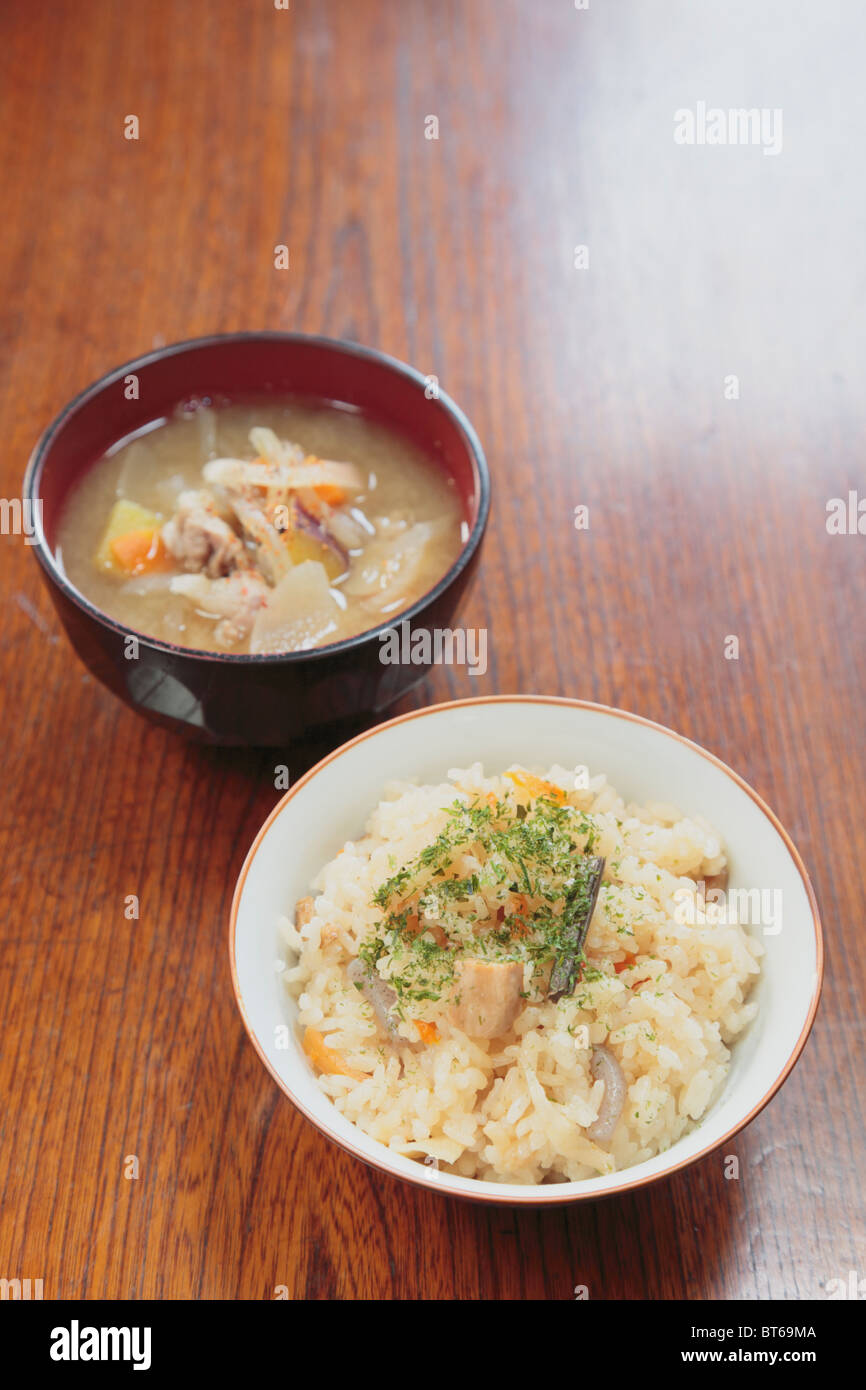Japanese paella and pork miso soup Stock Photo - Alamy