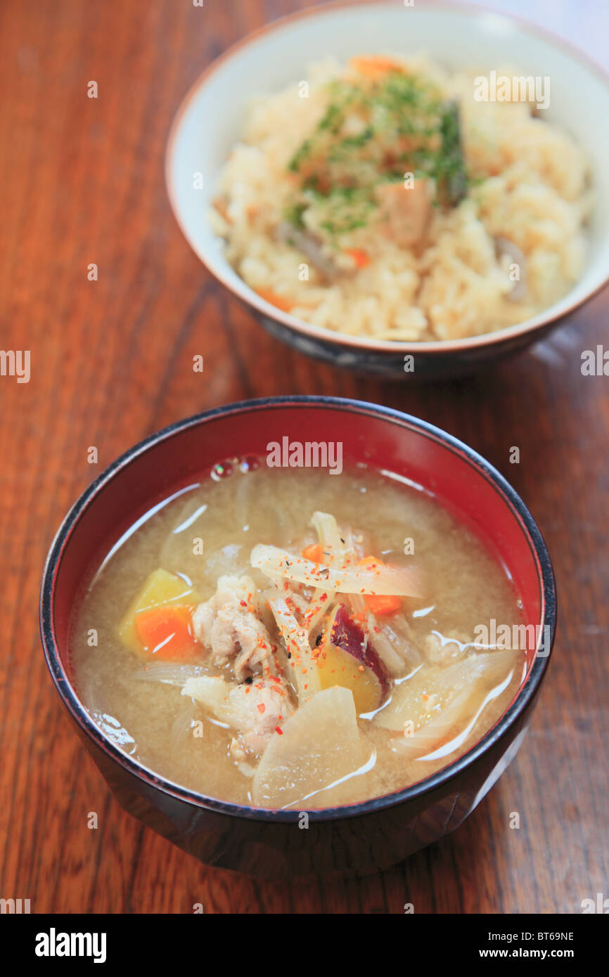 Japanese paella and pork miso soup Stock Photo - Alamy