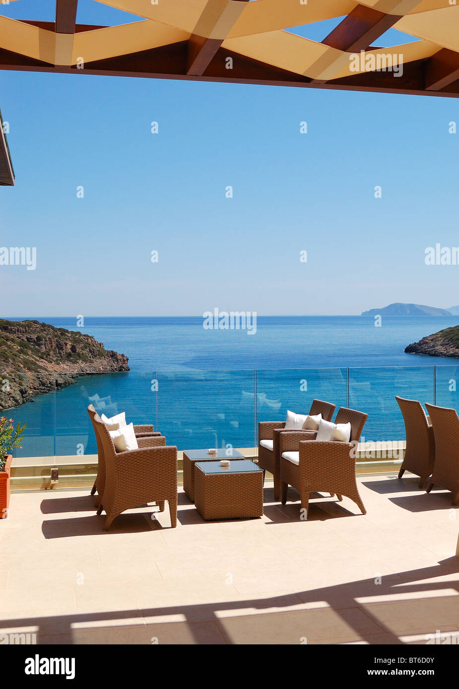 Sea view relaxation area of luxury hotel, Crete, Greece Stock Photo - Alamy