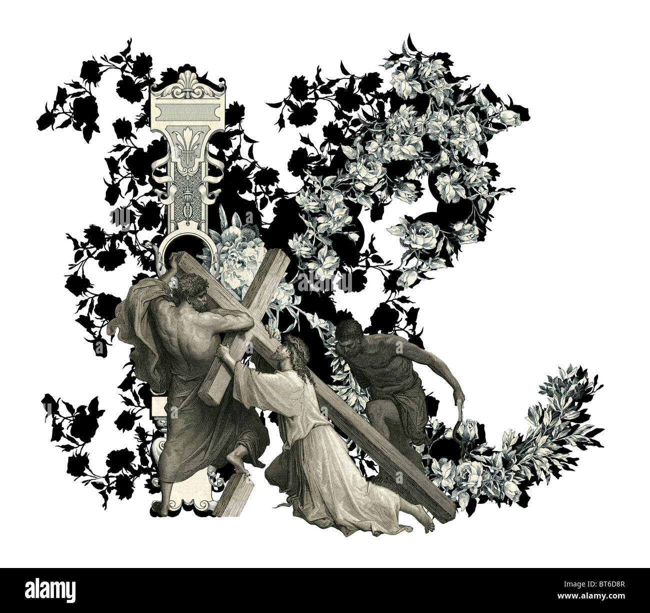 Illustrated capital letter K with Jesus Christ enfeebled by the weight ...