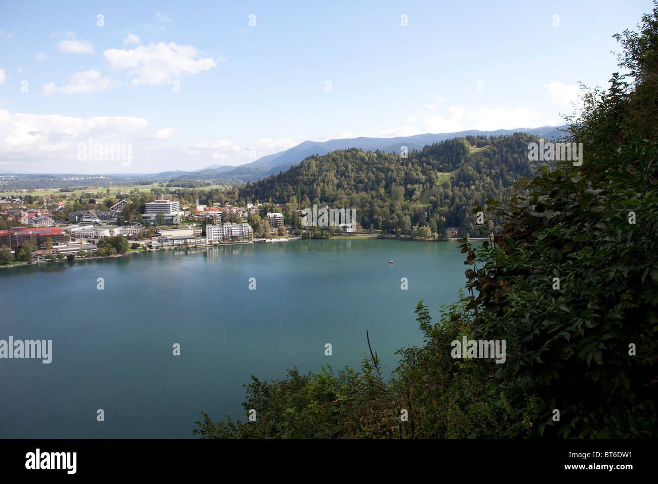 A view to the town centre of Bled from the Castle of Bled Stock Photo ...