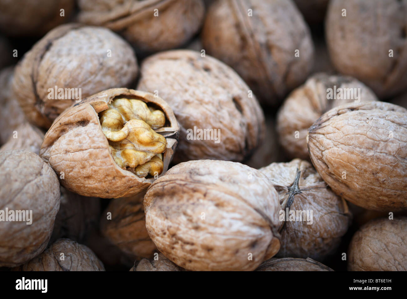 Walnuts. Close up. One of them is open Stock Photo - Alamy