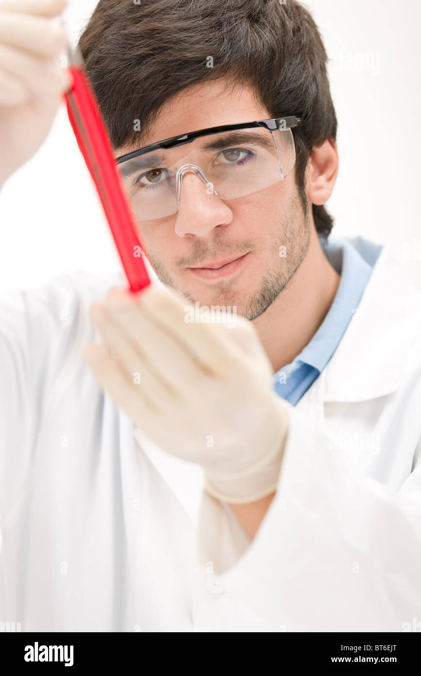 Flu virus experiment - scientist in laboratory, wear protective eyewear ...