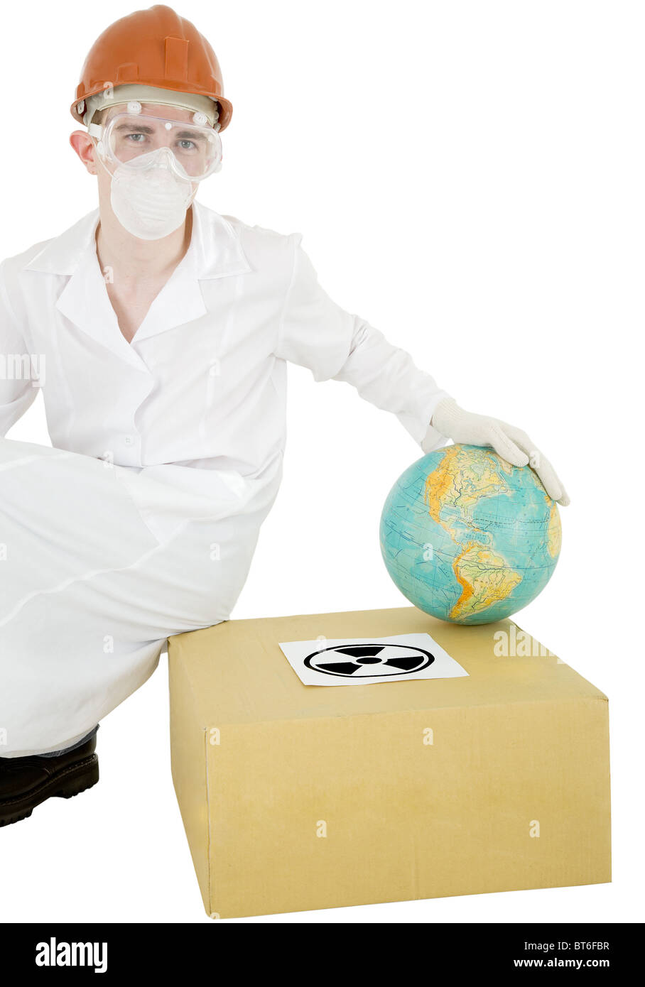 Scientist and terrestrial globe and sign radiation Stock Photo - Alamy