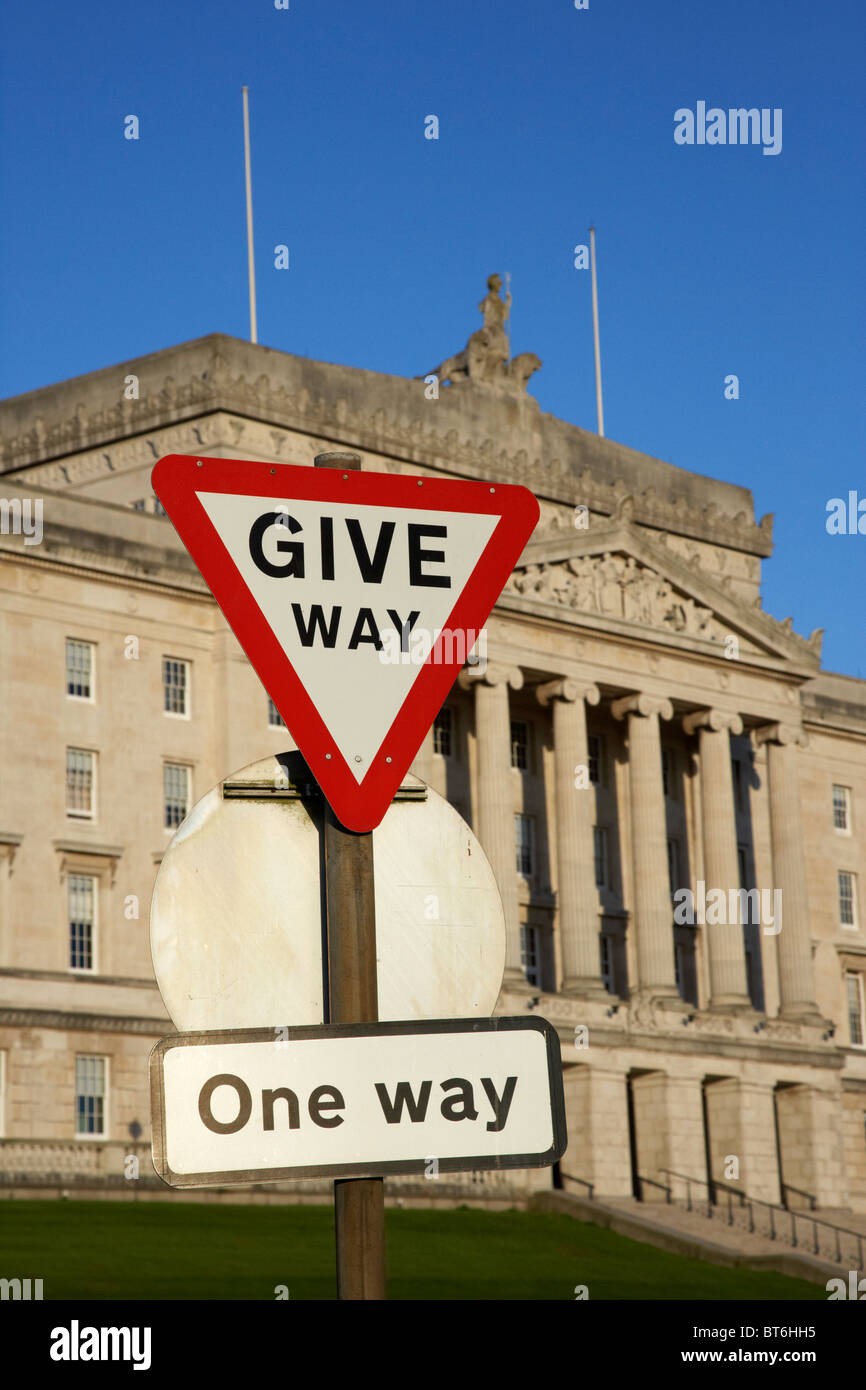 Give way and one way warning sign outside Northern Ireland Parliament ...
