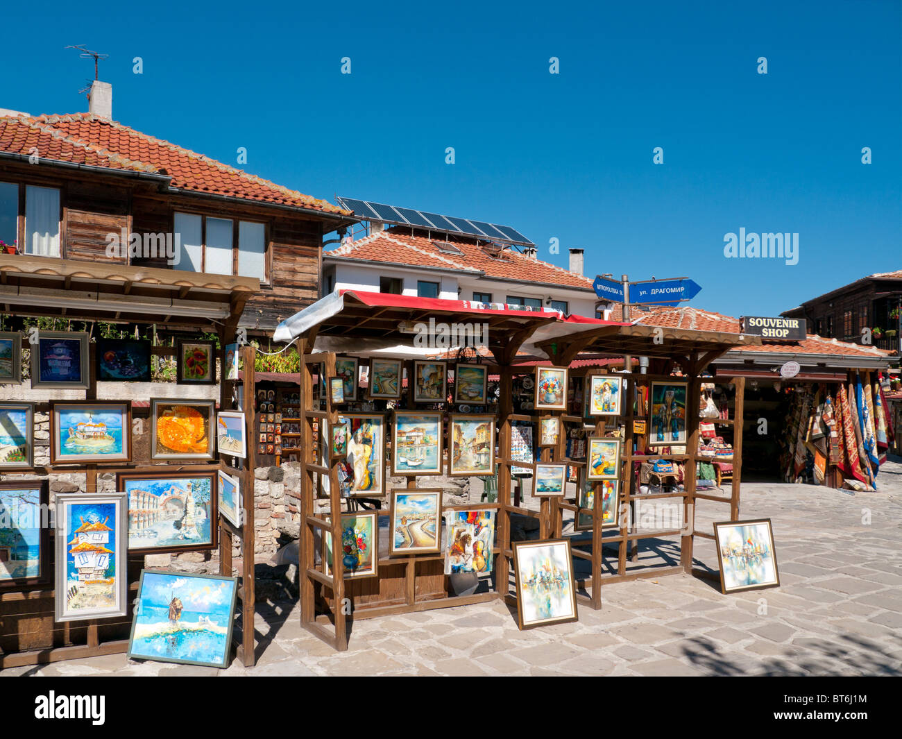 Shops and Boutiques under traditional Houses in Nessebar, Bulgaria ...