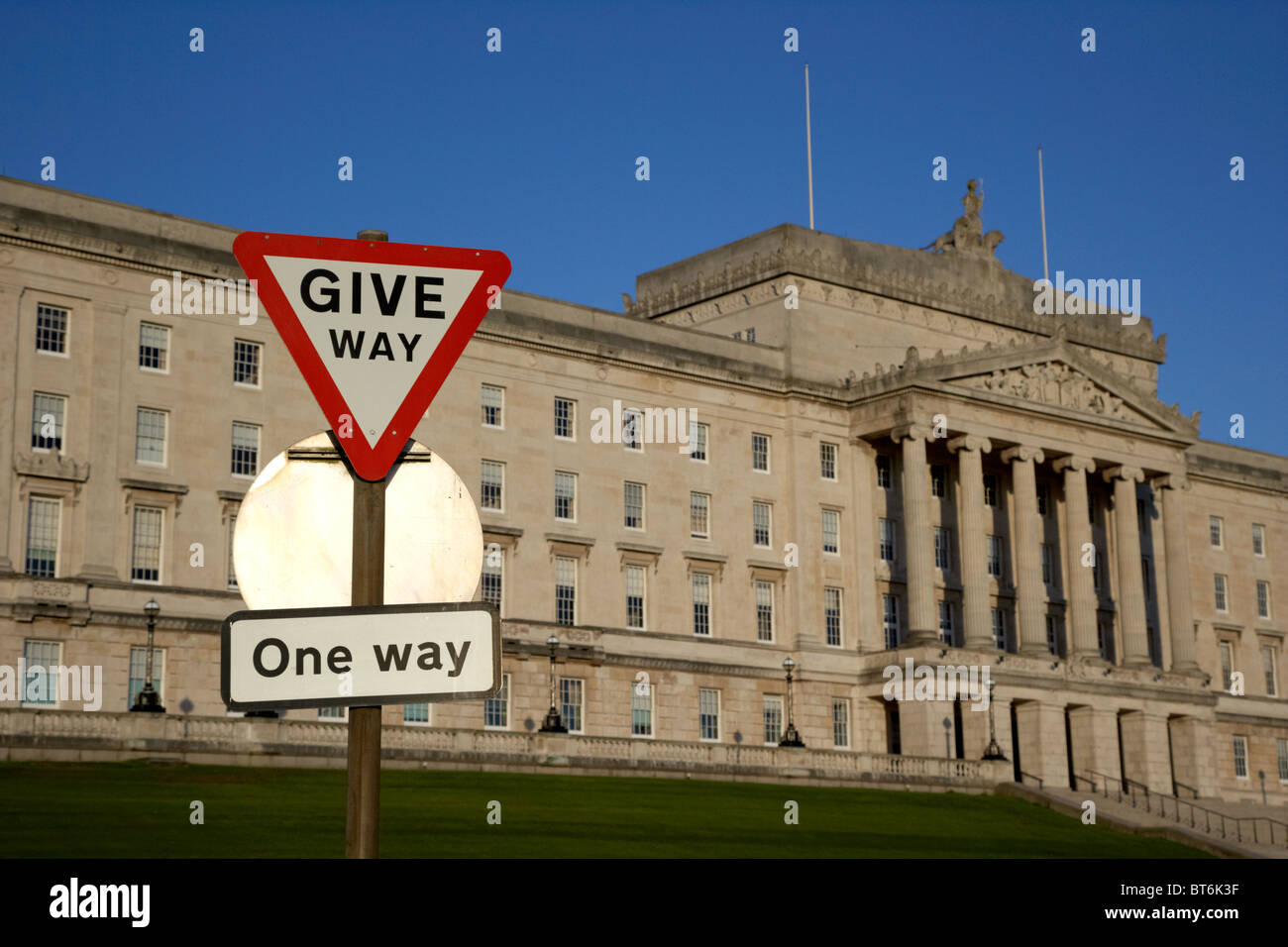 give way warning sign outside northern ireland parliament buildings ...