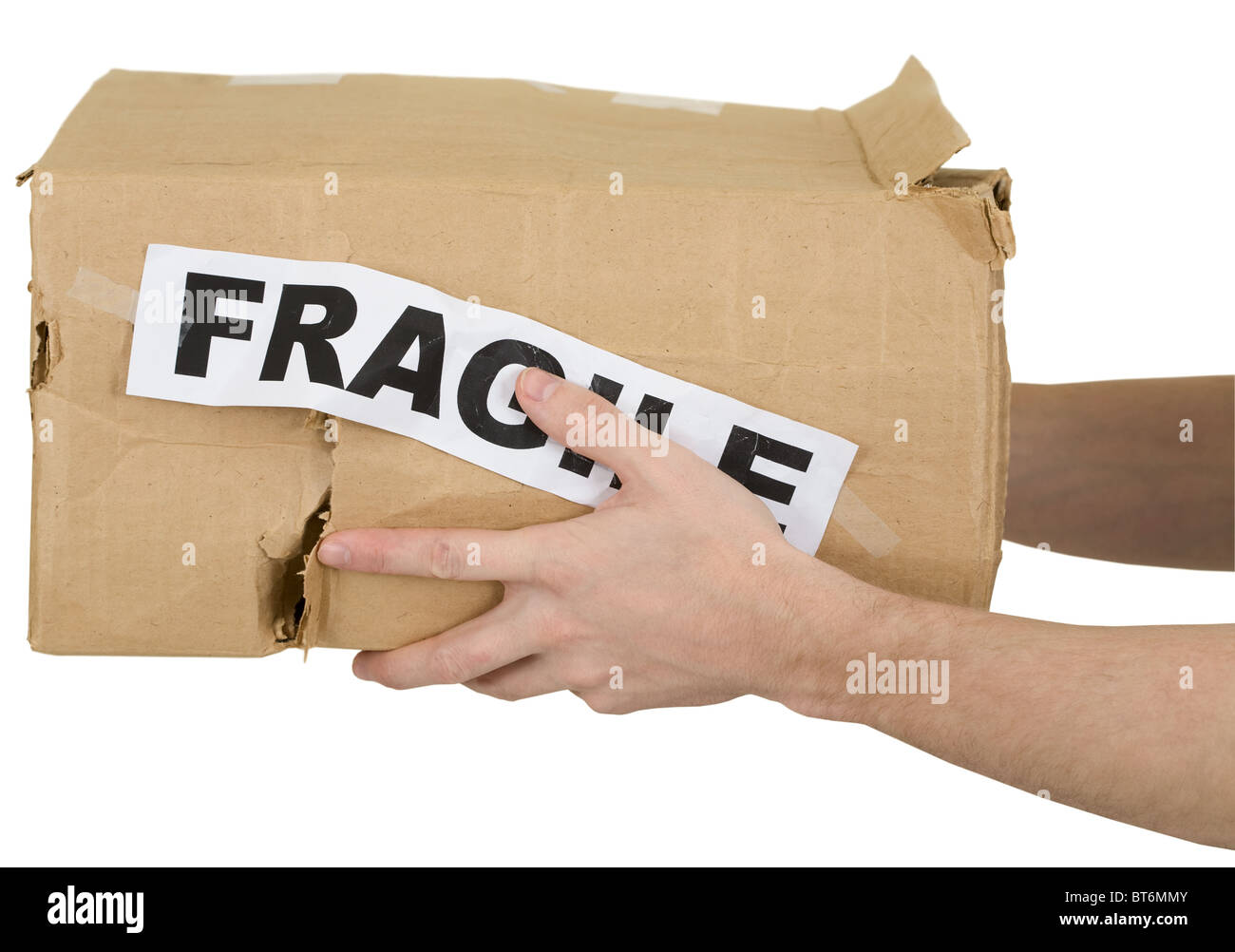 Crumpled cardboard box with inscription "fragile" on white background ...