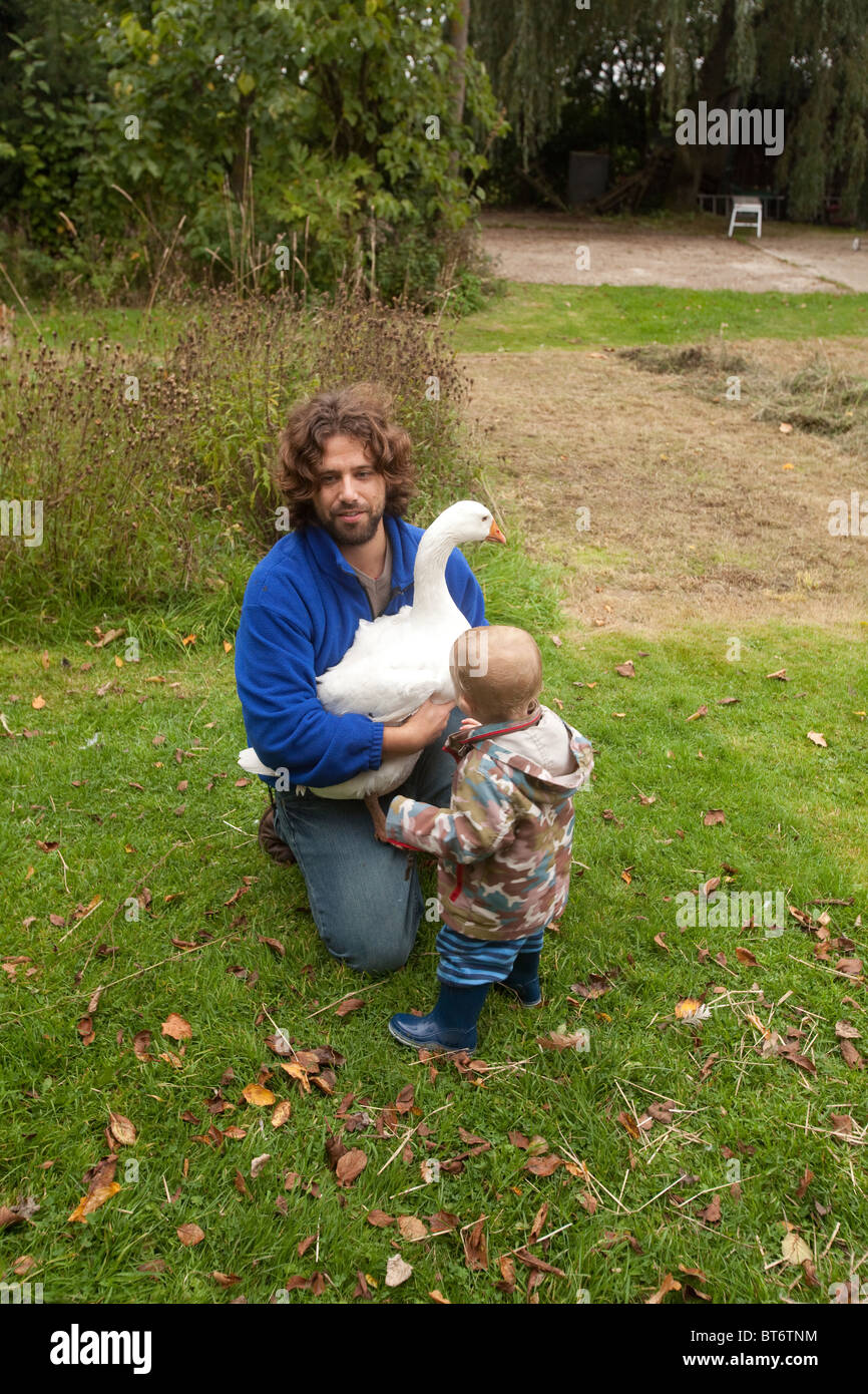 Father showing his young son a pet goose, Hampshire, England, United ...