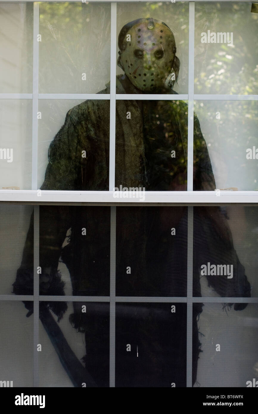 A window sticker of Jason Voorhees from Friday the 13th Stock Photo - Alamy