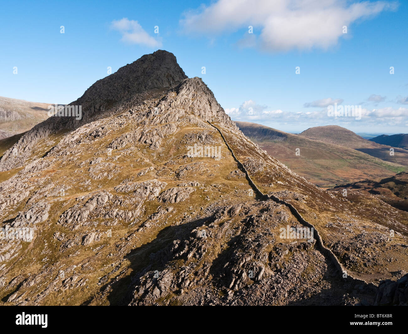 The distinctive peak of Tryfan, seen here from Bwlch Tryfan at the base ...