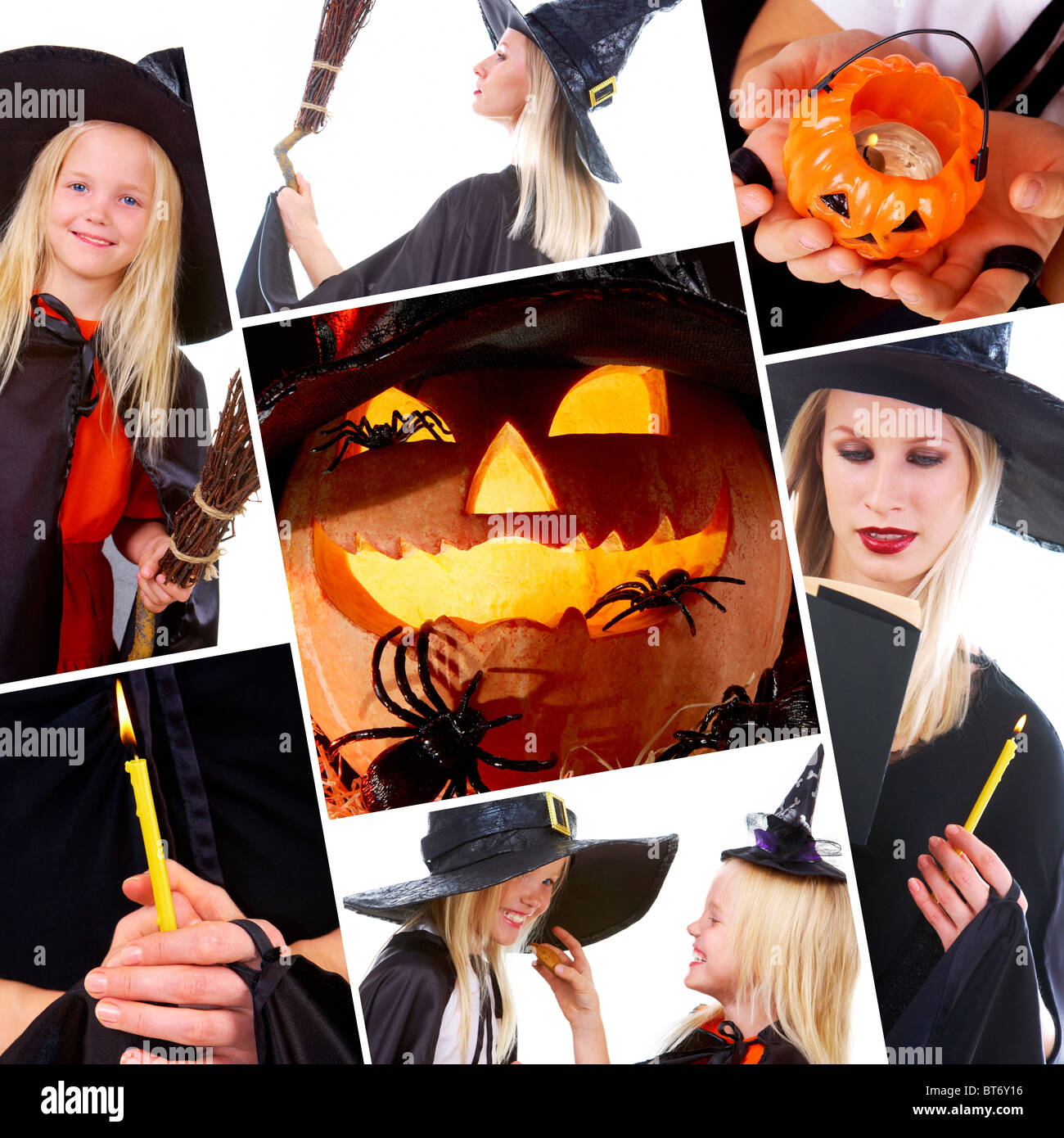 Halloween collage with pumpkin, spiders and people in black costumes ...