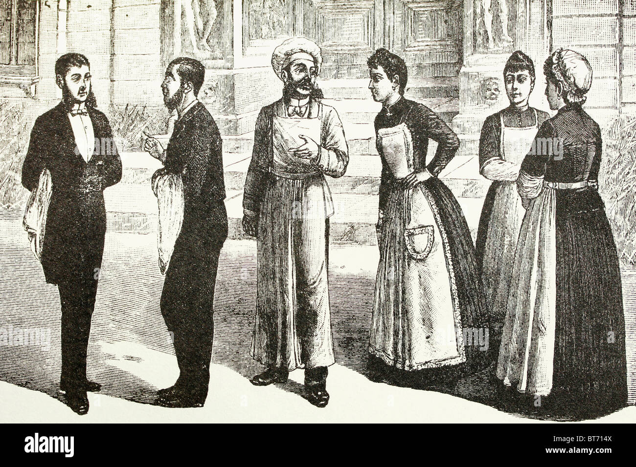 Servants. Waiter, waitress, cook. Antique illustration. 1892 Stock ...