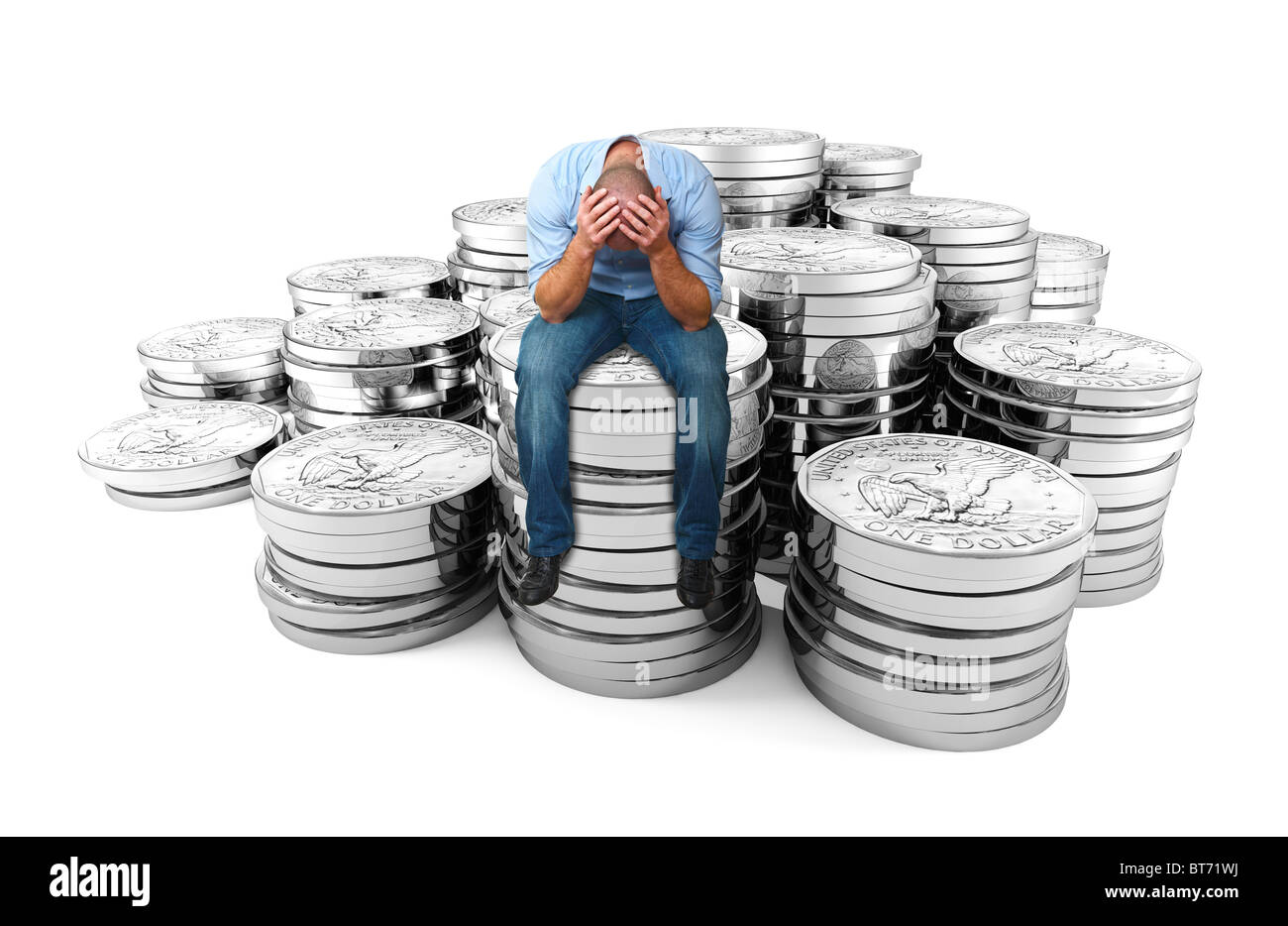 desperate man on dollar coin 3d white background Stock Photo - Alamy
