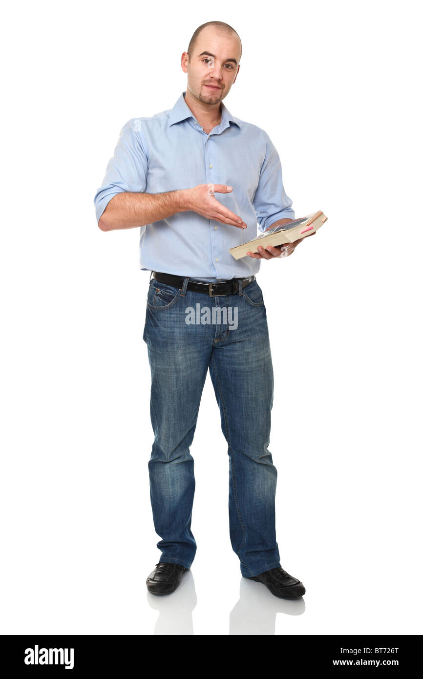 young man show his book isolated on white background Stock Photo - Alamy