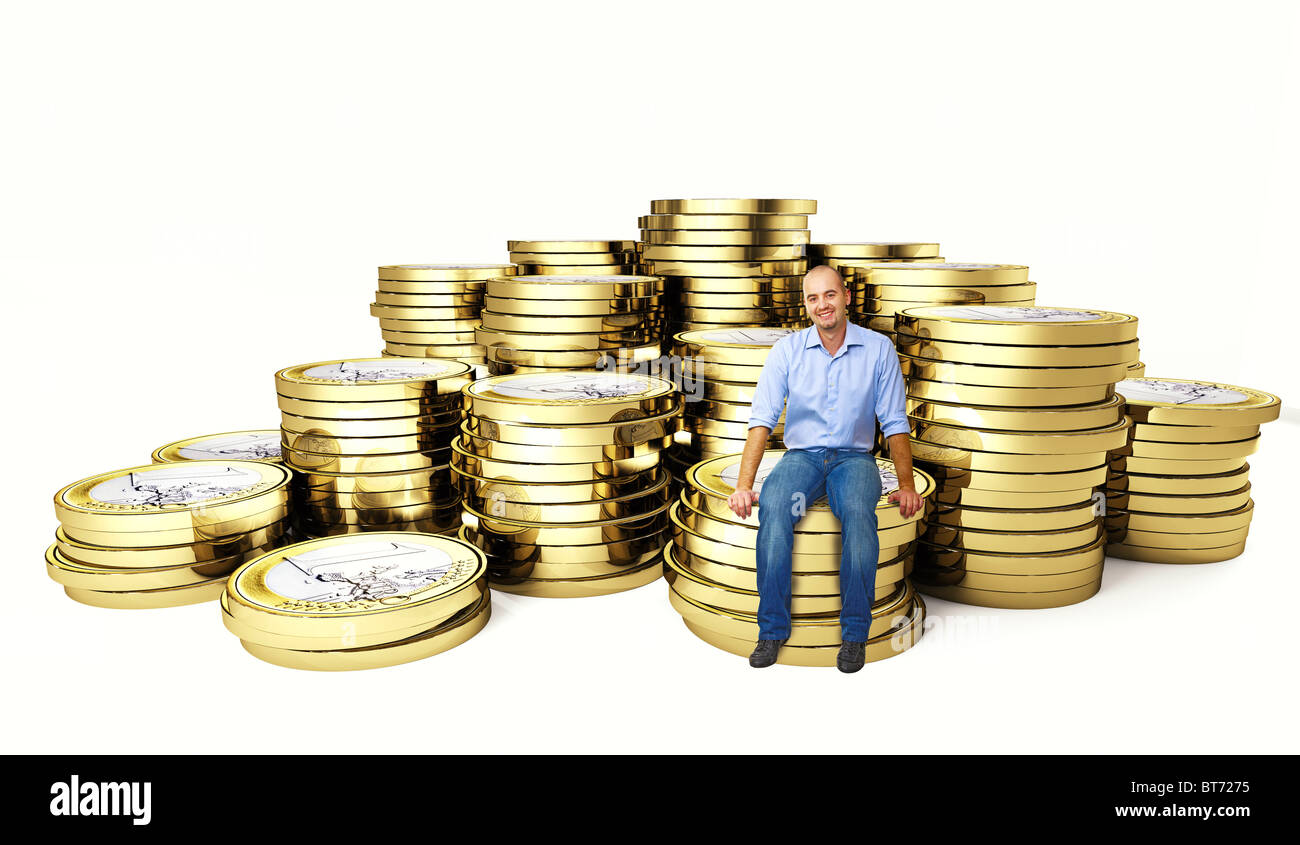 smiling man on euro 3d coin background Stock Photo - Alamy