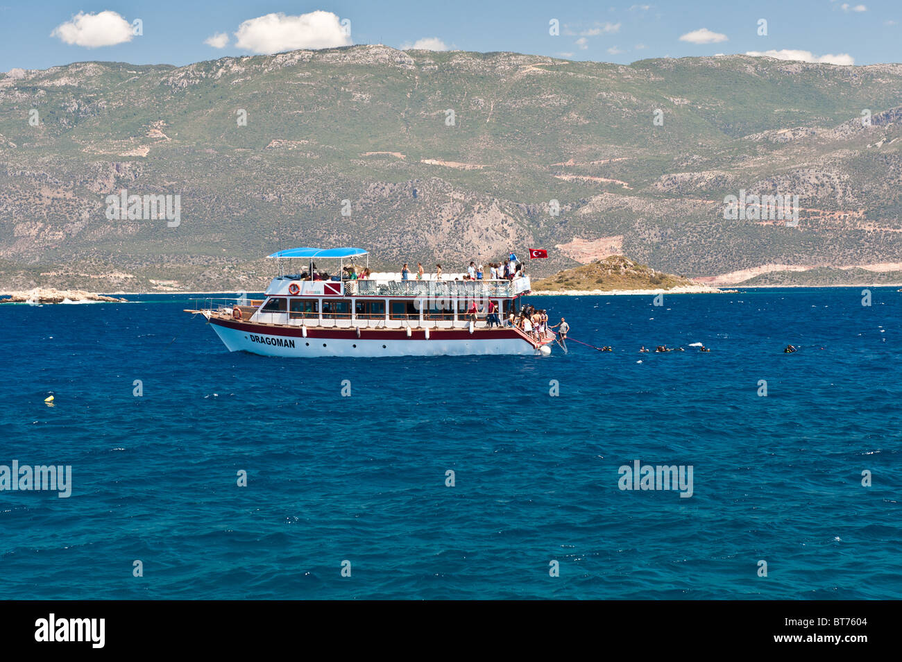 Dive Boats collect divers off the coast at Kas in Turkey Stock Photo ...