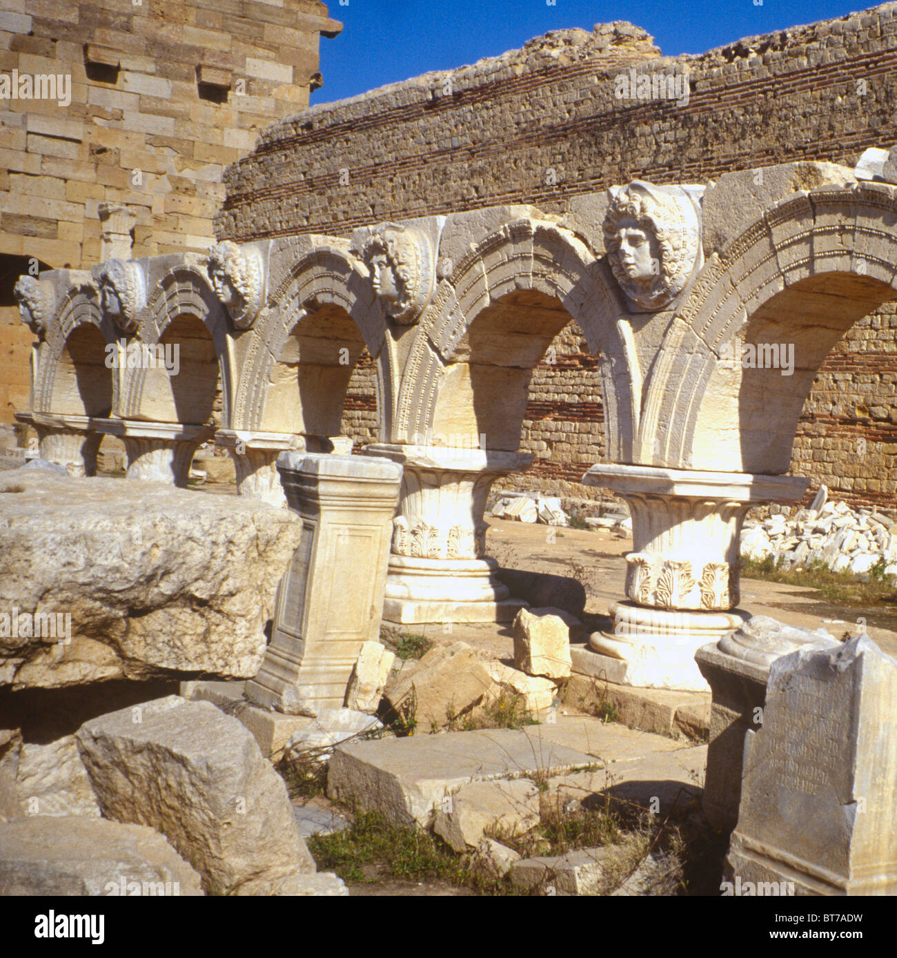 Libya Leptis Magna Marble heads of Medusa in Severan Forum Stock Photo ...