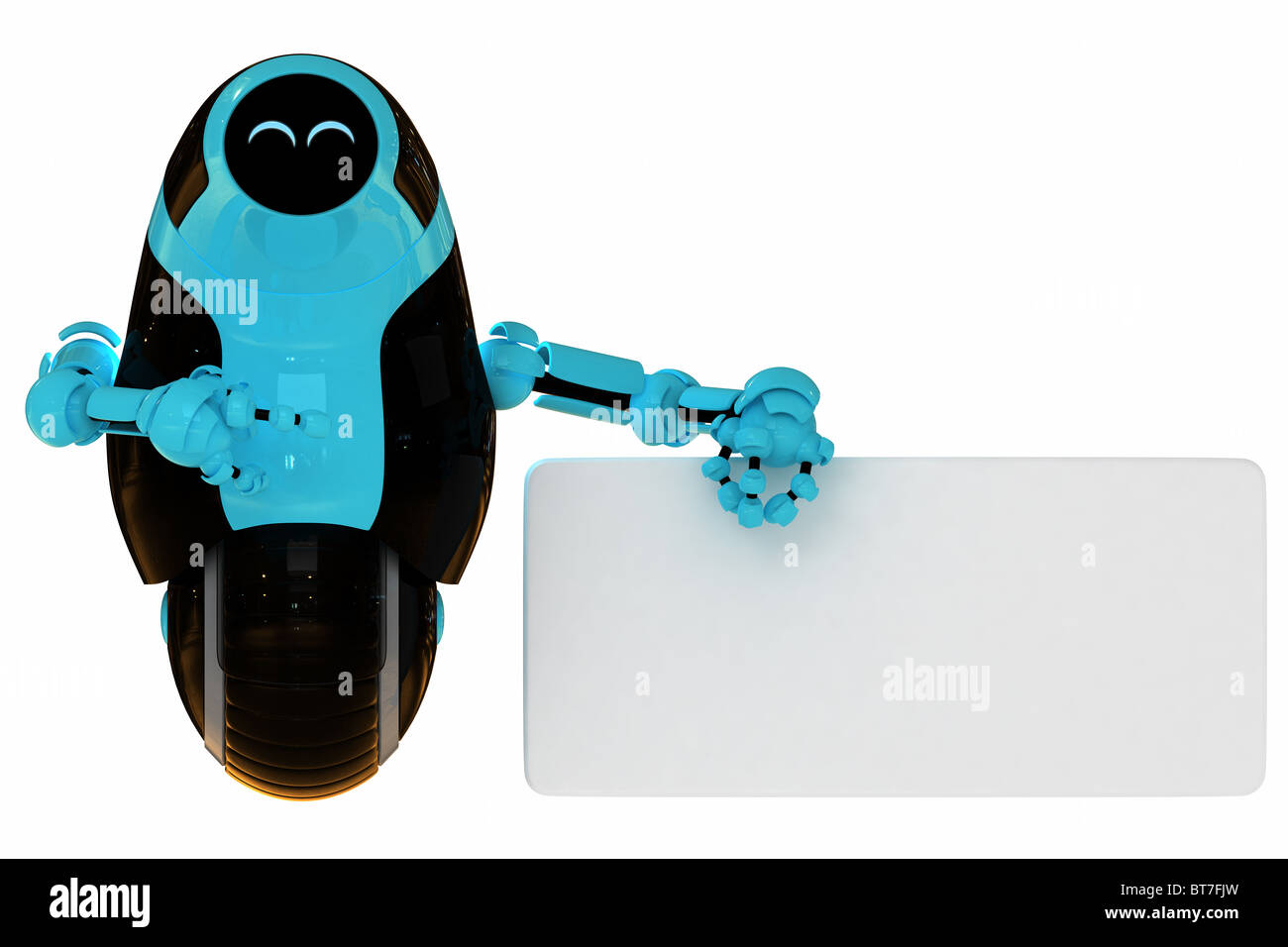 Stylish blue smiling robotic creature shows on the empty board Stock ...