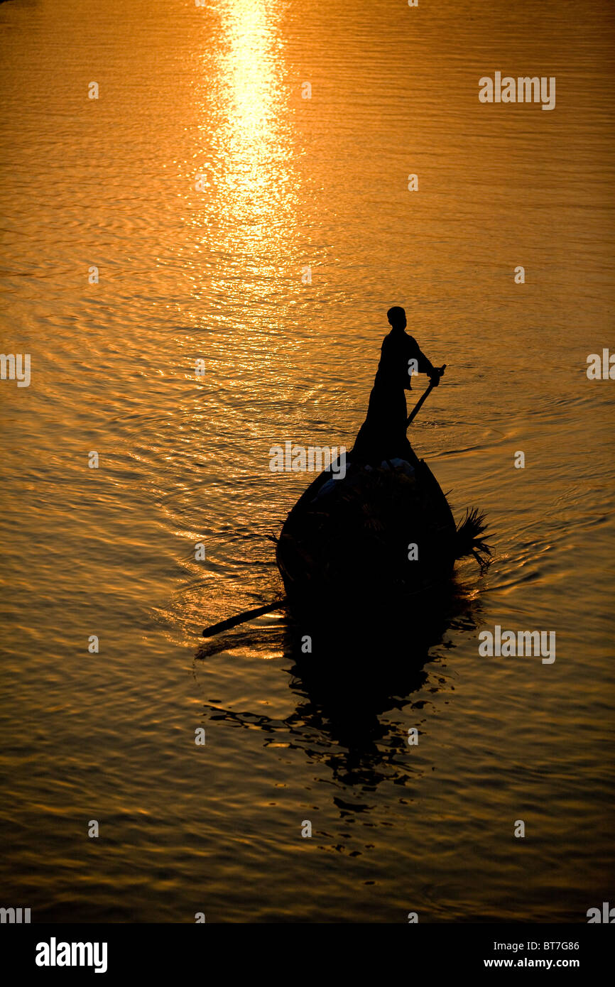 Boatsmen rowing on a river lit by golden sunset Stock Photo - Alamy