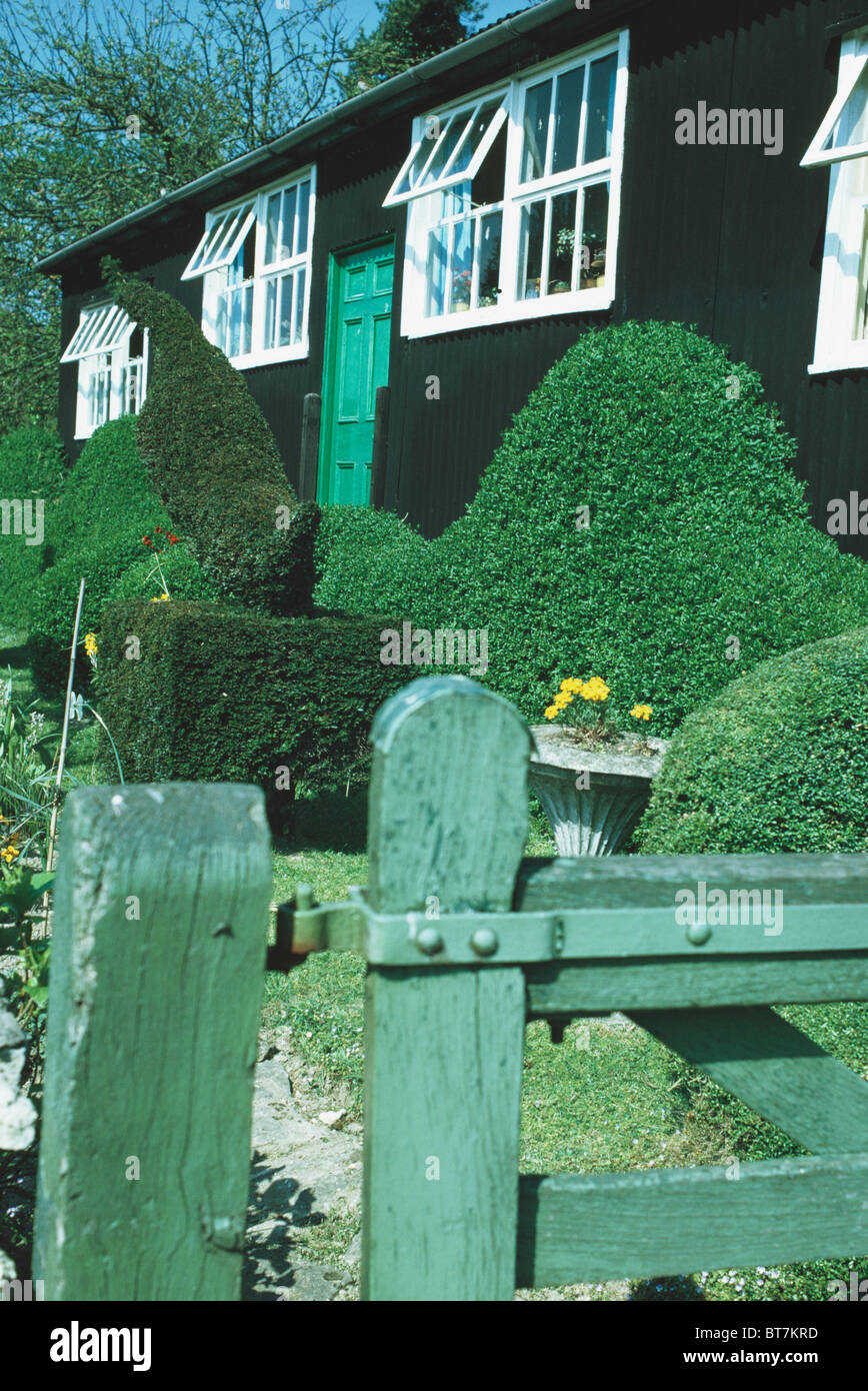 Green wooden gate to garden with topiary shrubs in front of single ...