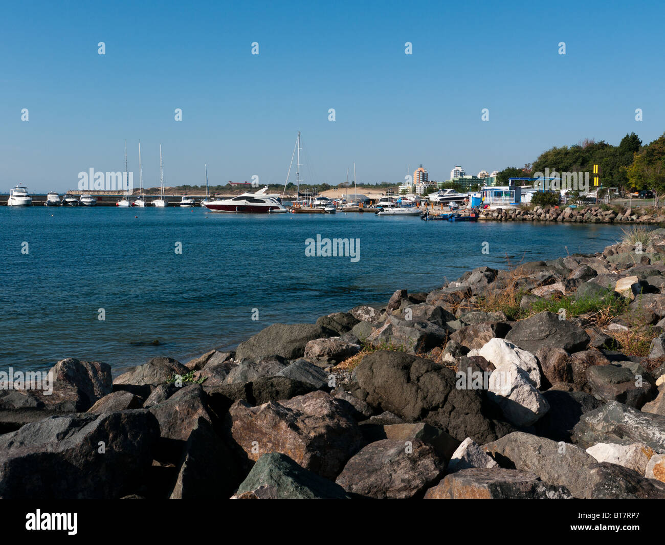 View across Nessebar Bay to the Old Town from the causeway adjoining ...