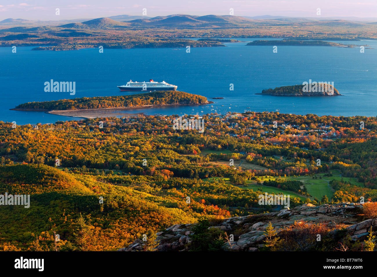 An Autumn dawn over Bar Harbor and the Queen Mary 2 - viewed from ...