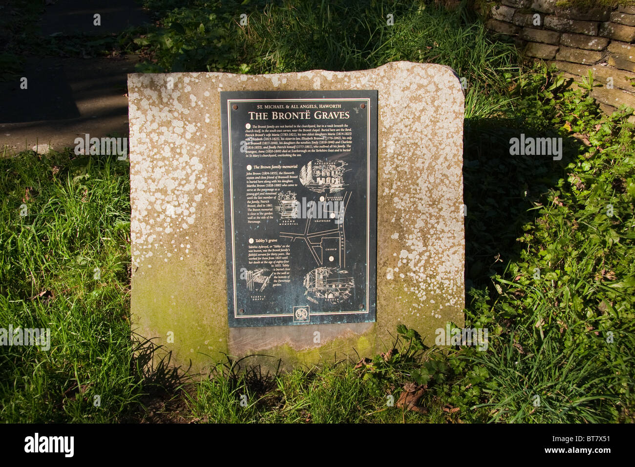 Sign showing location of graves associated with the Bronte family in ...