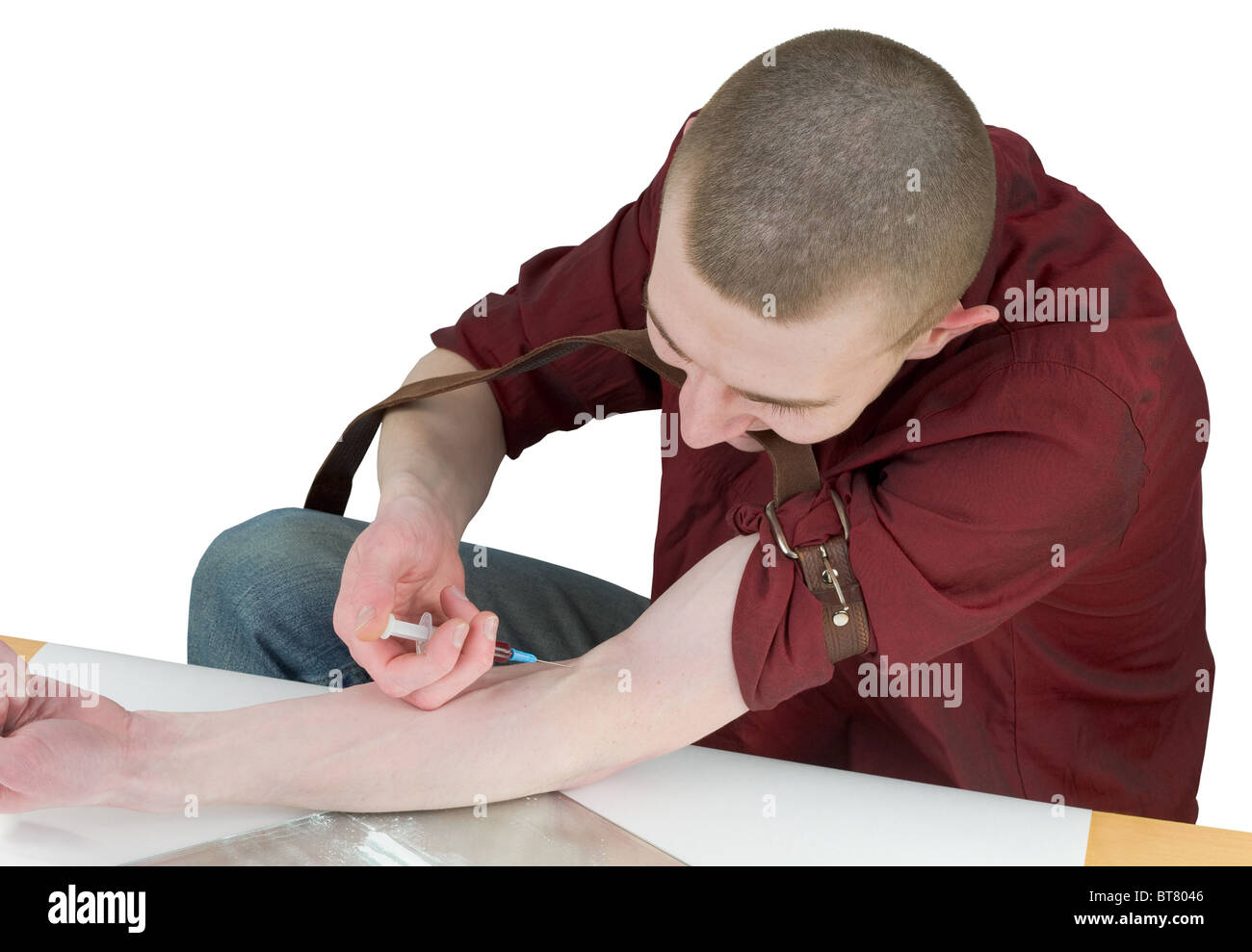 Young man to give an injection himself on white Stock Photo - Alamy