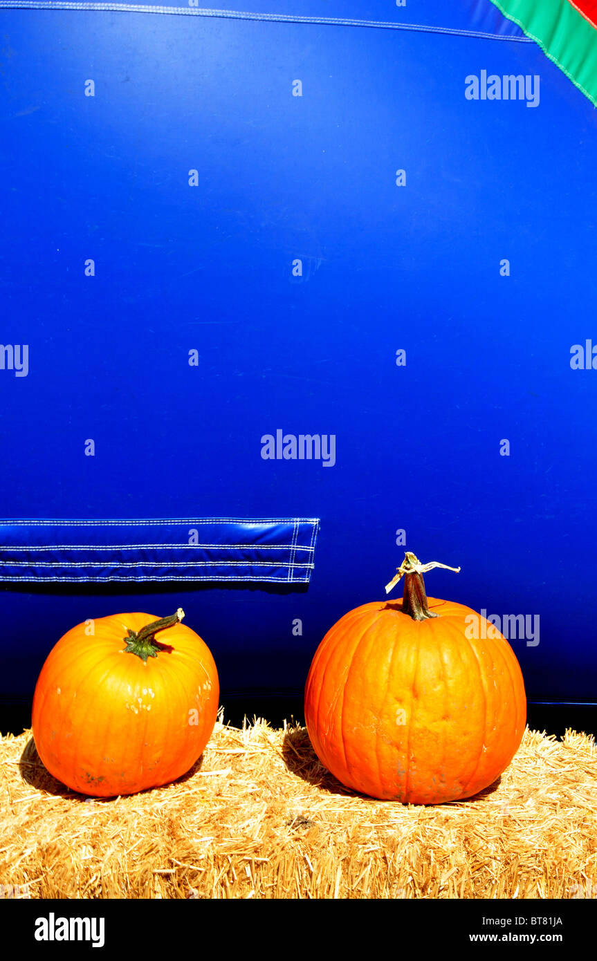 Pumpkins on hay bales in front of an inflatable jumper Stock Photo - Alamy