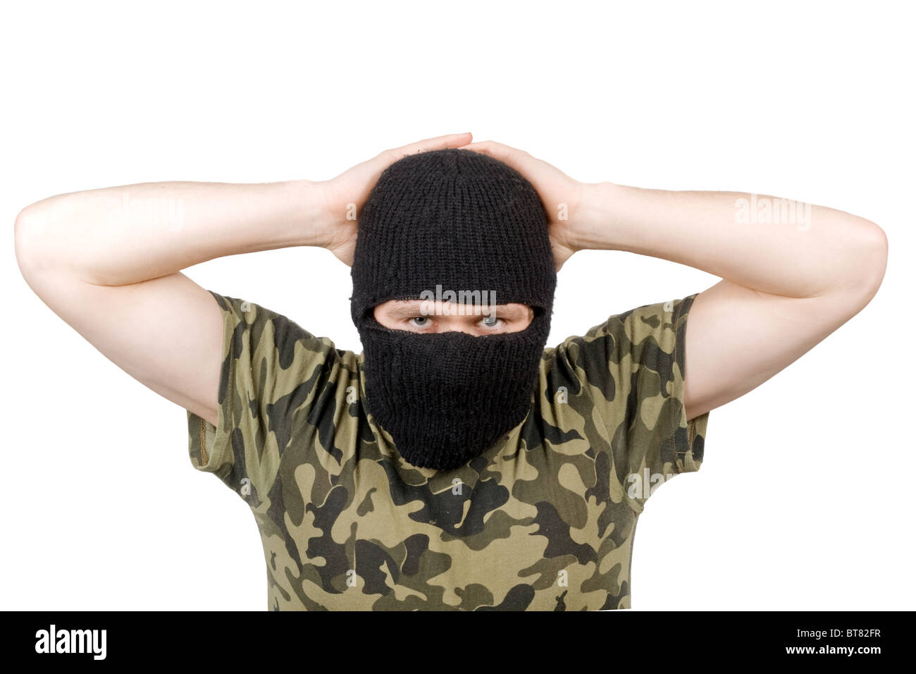 The surrendered terrorist in a black mask over white Stock Photo - Alamy