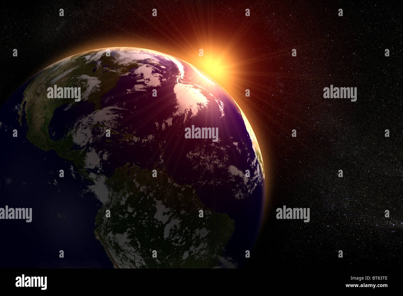 Space landscape of the sun rising behind the earth Stock Photo - Alamy