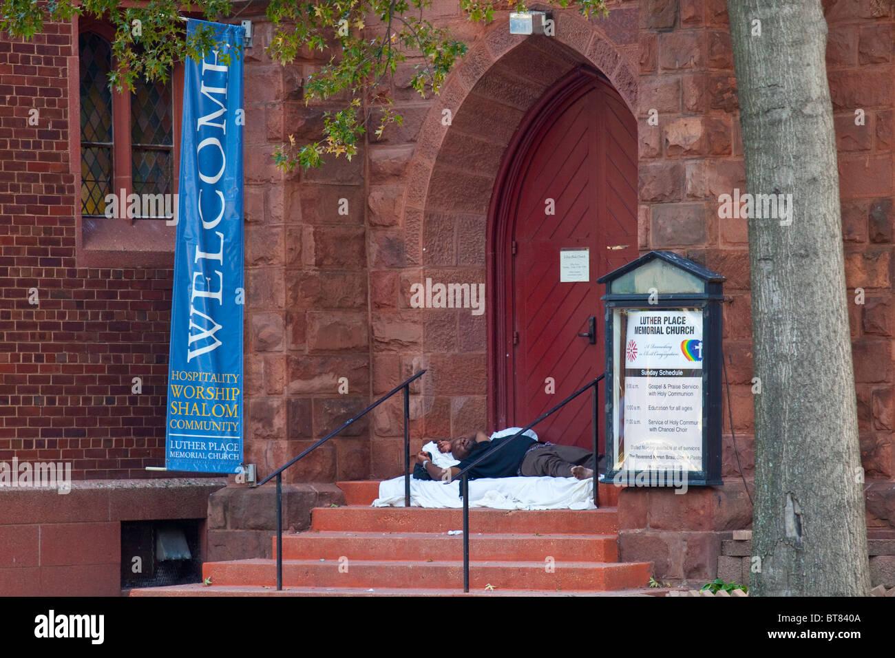 Homeless man outside Luther Place Memorial Church, Washington DC Stock ...