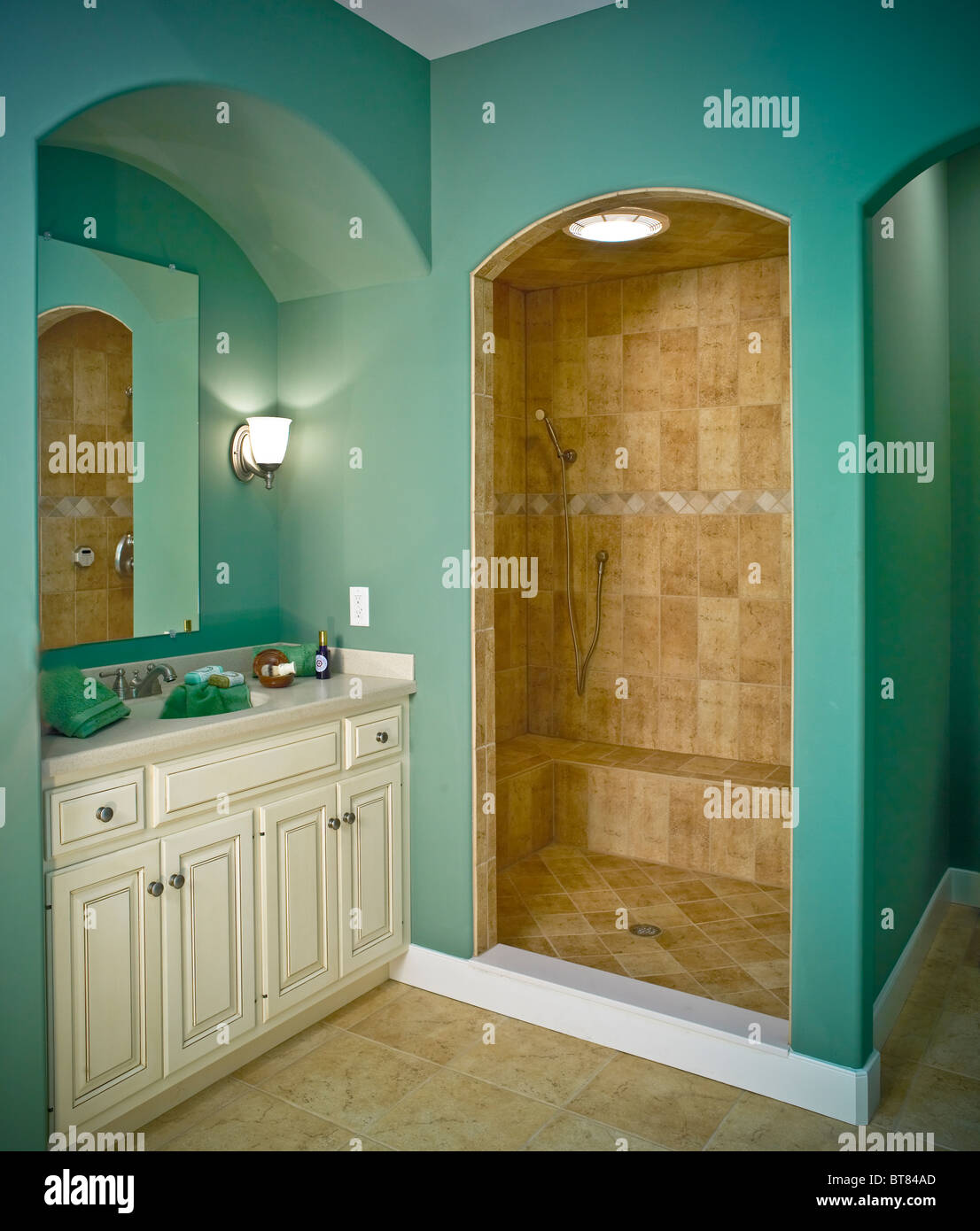 bathroom alcove marble counter shower Stock Photo - Alamy