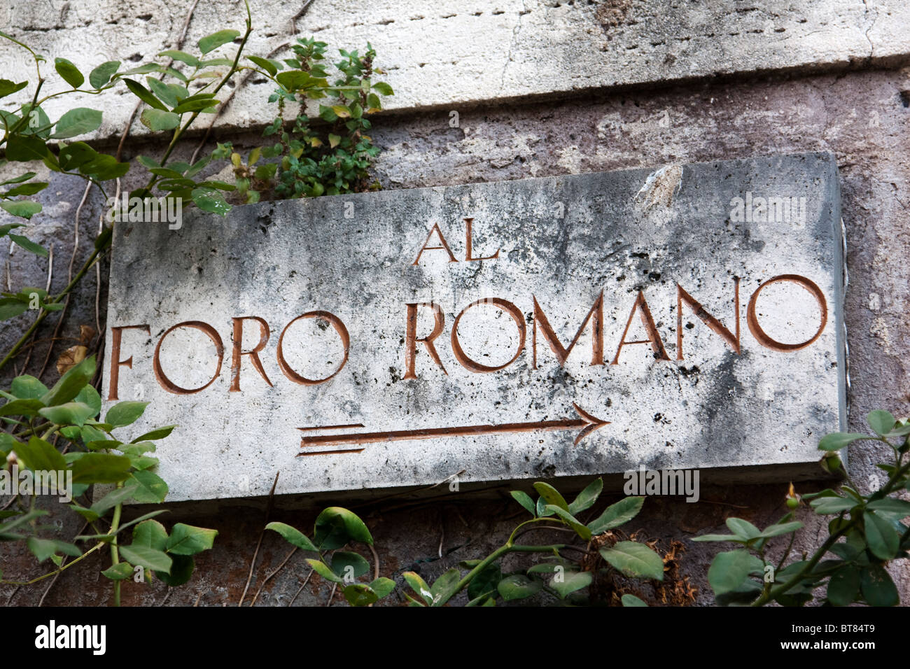 To the Roman Forum (Foro Romano) Sign - indication written on a marble ...