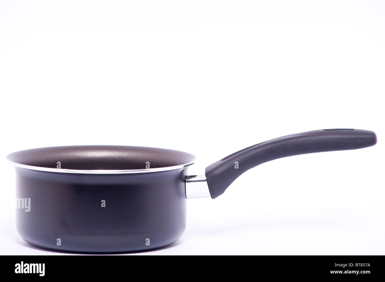 A close up photo of a non-stick saucepan against a white background ...