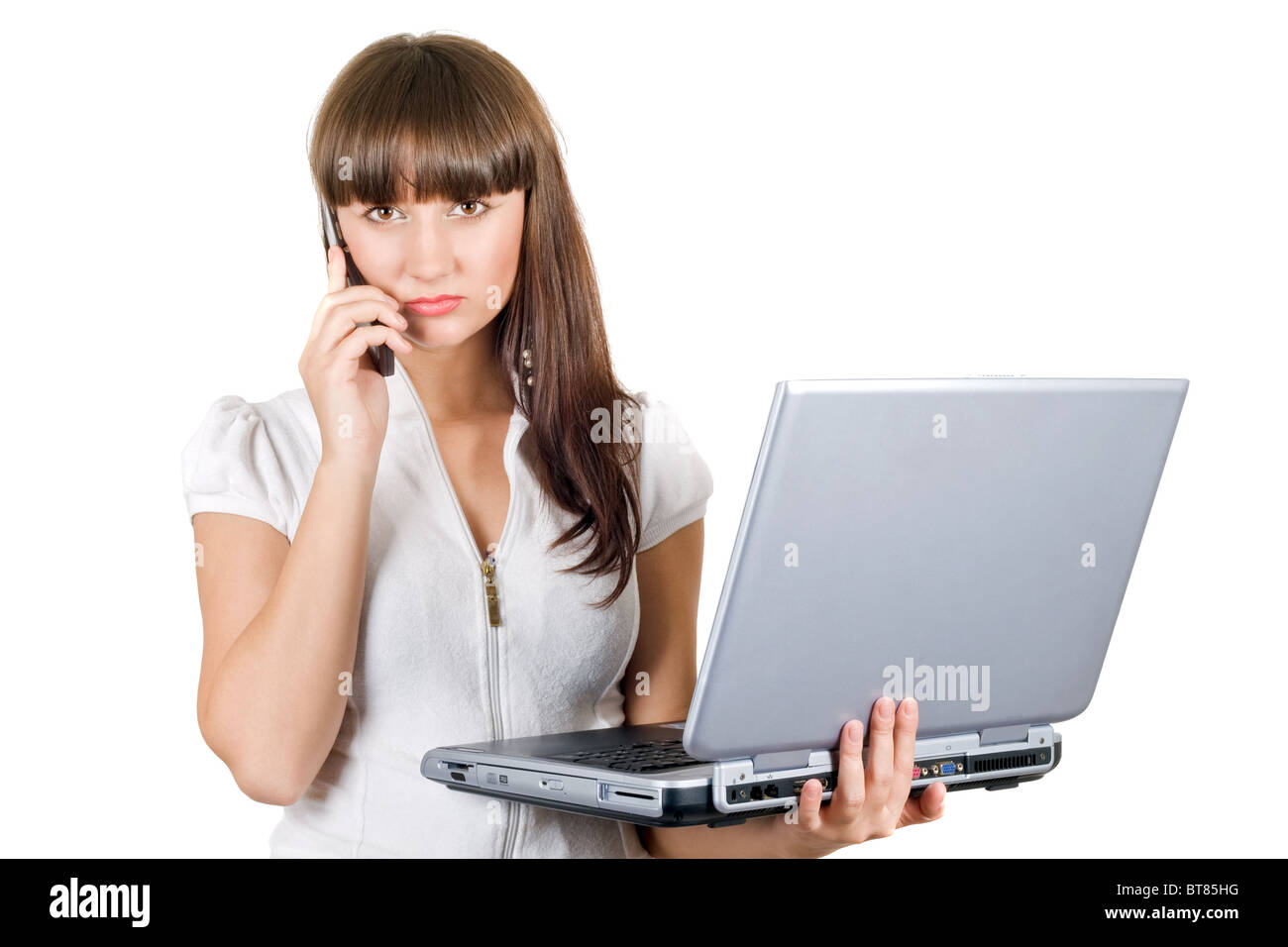 Businesswoman with laptop , busy Stock Photo - Alamy