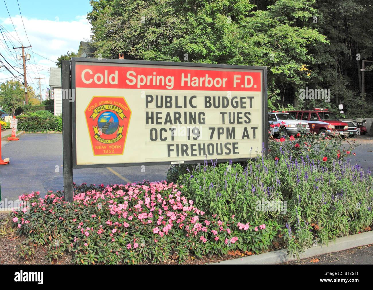 Public announcement sign outside Cold Spring Harbor firehouse Long ...