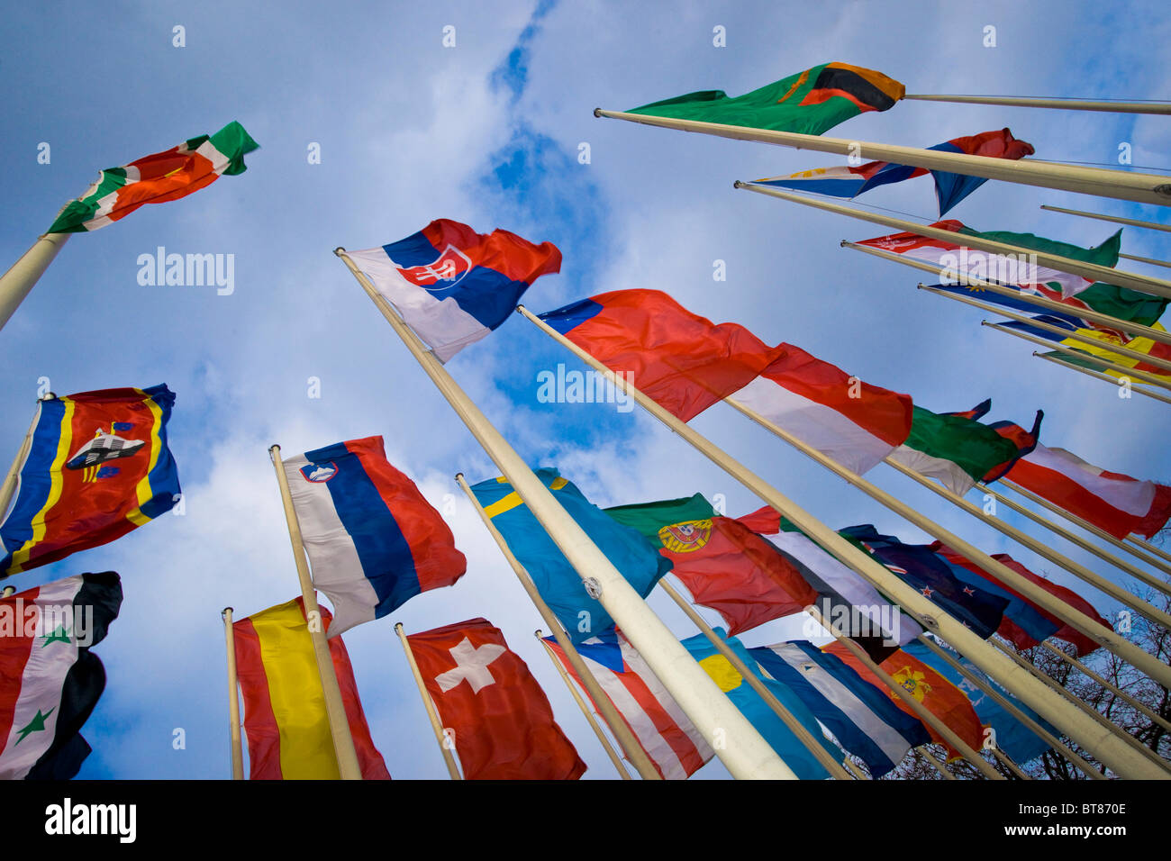 International flags in front of Messe Berlin fairgrounds, Berlin ...