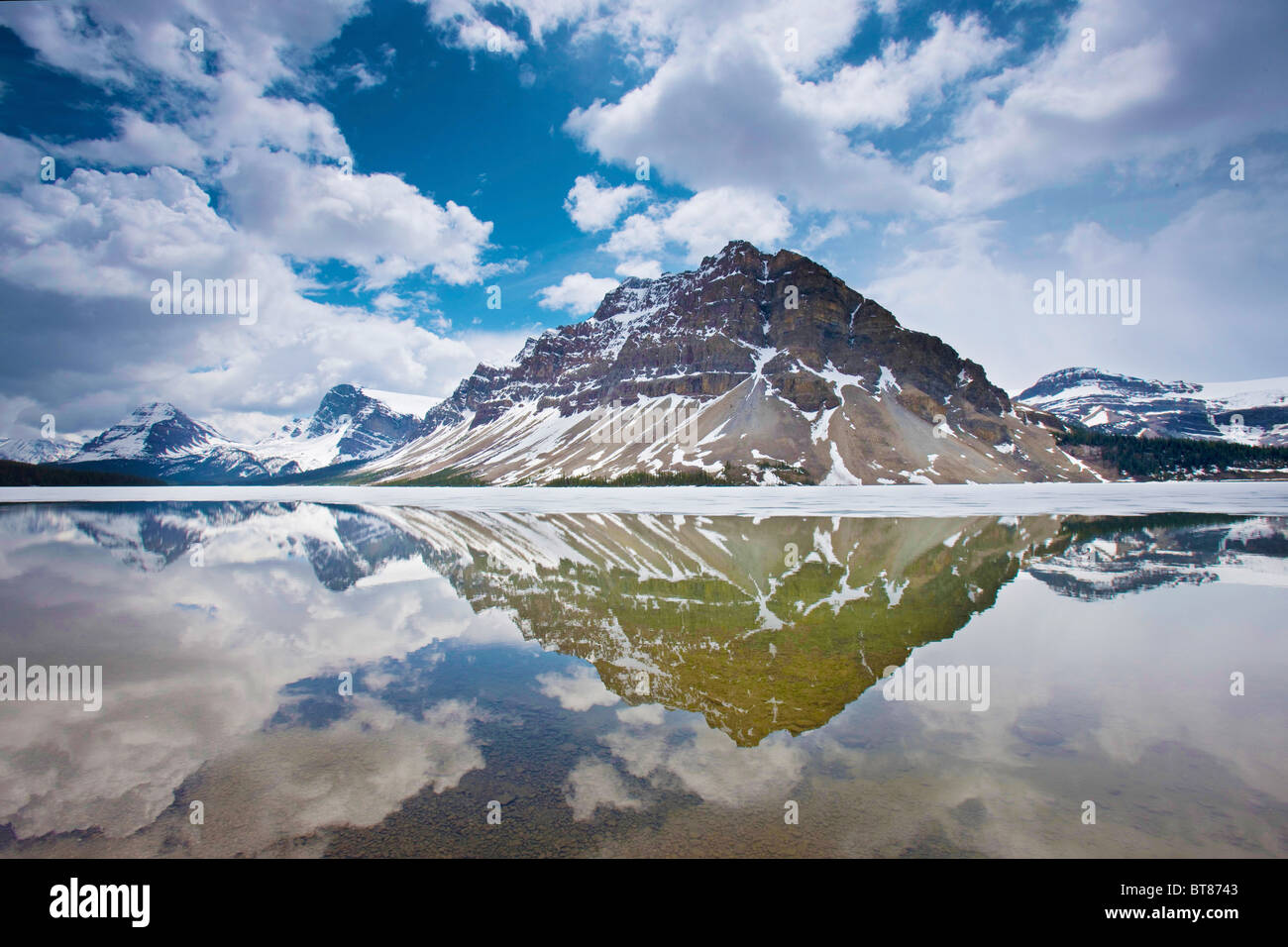 Perfect reflection on Bow lake in early spring in Banff National Park ...
