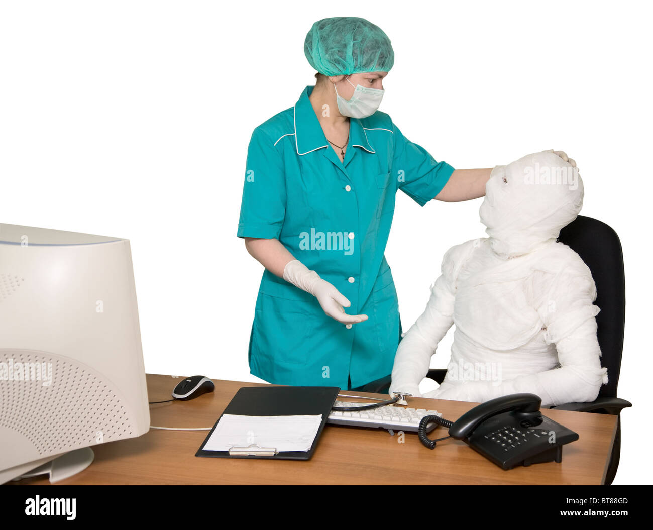 The bandaged boss and nurse in office Stock Photo - Alamy